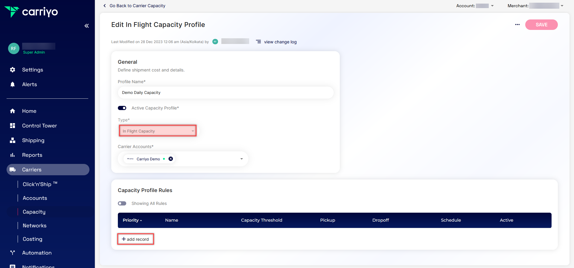 Setting up Carrier Capacity Profile rules – CARRIYO