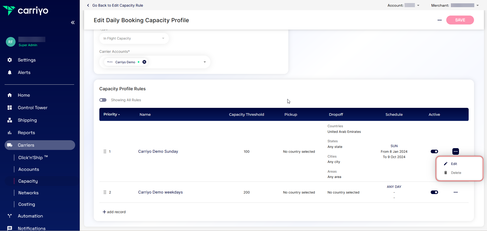 Setting up Carrier Capacity Profile rules – CARRIYO