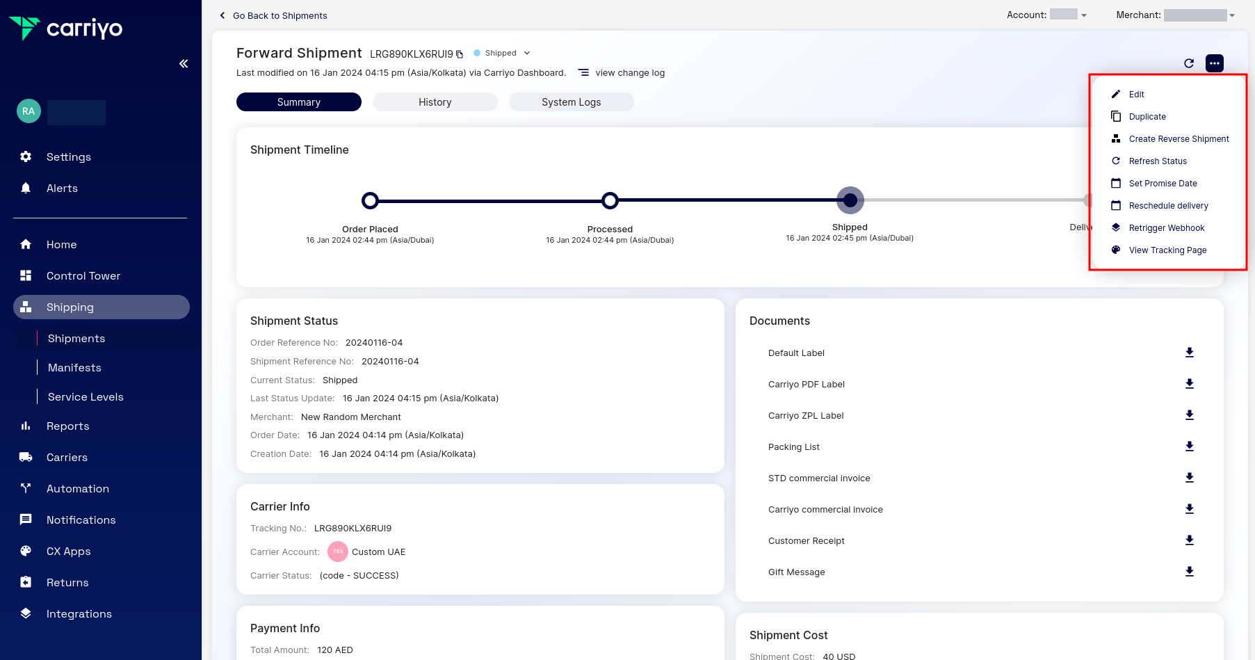 Tracking a Shipment – CARRIYO