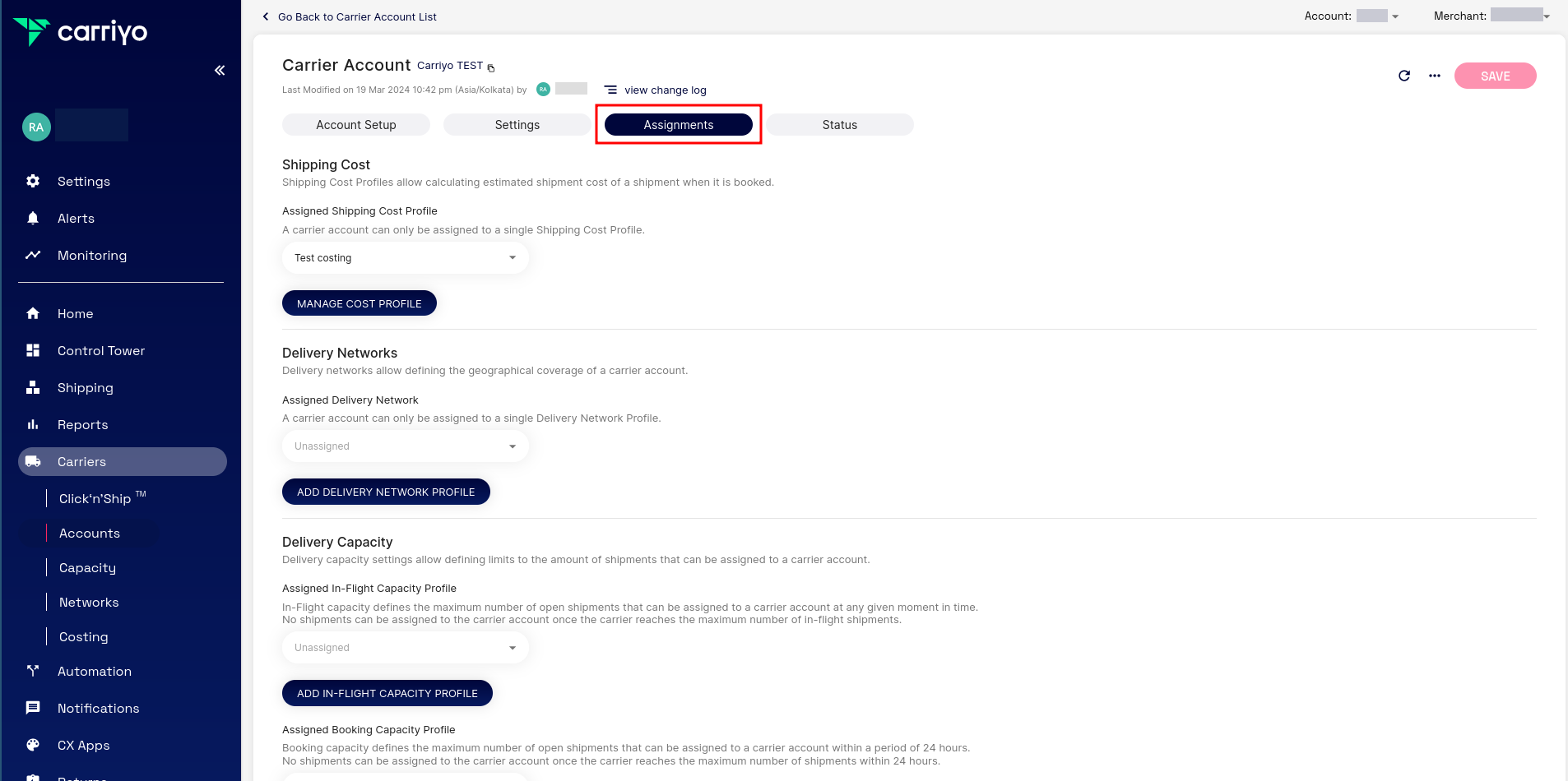 Managing carrier account assignments – CARRIYO