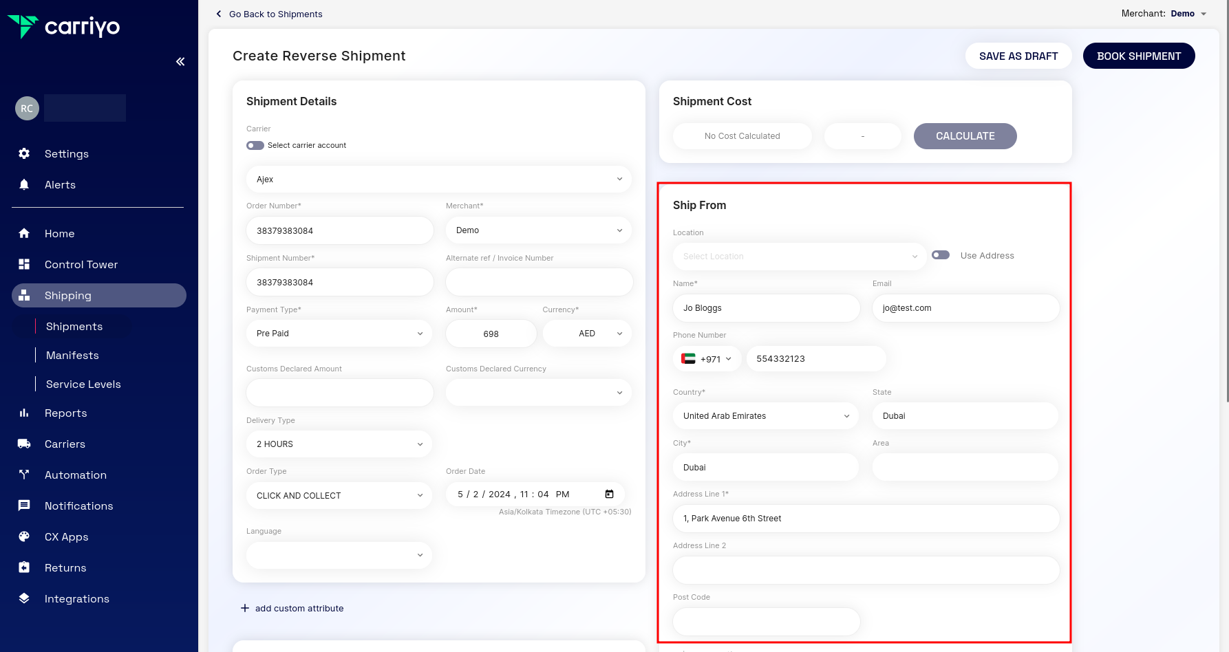 How to create a Reverse Shipment – CARRIYO