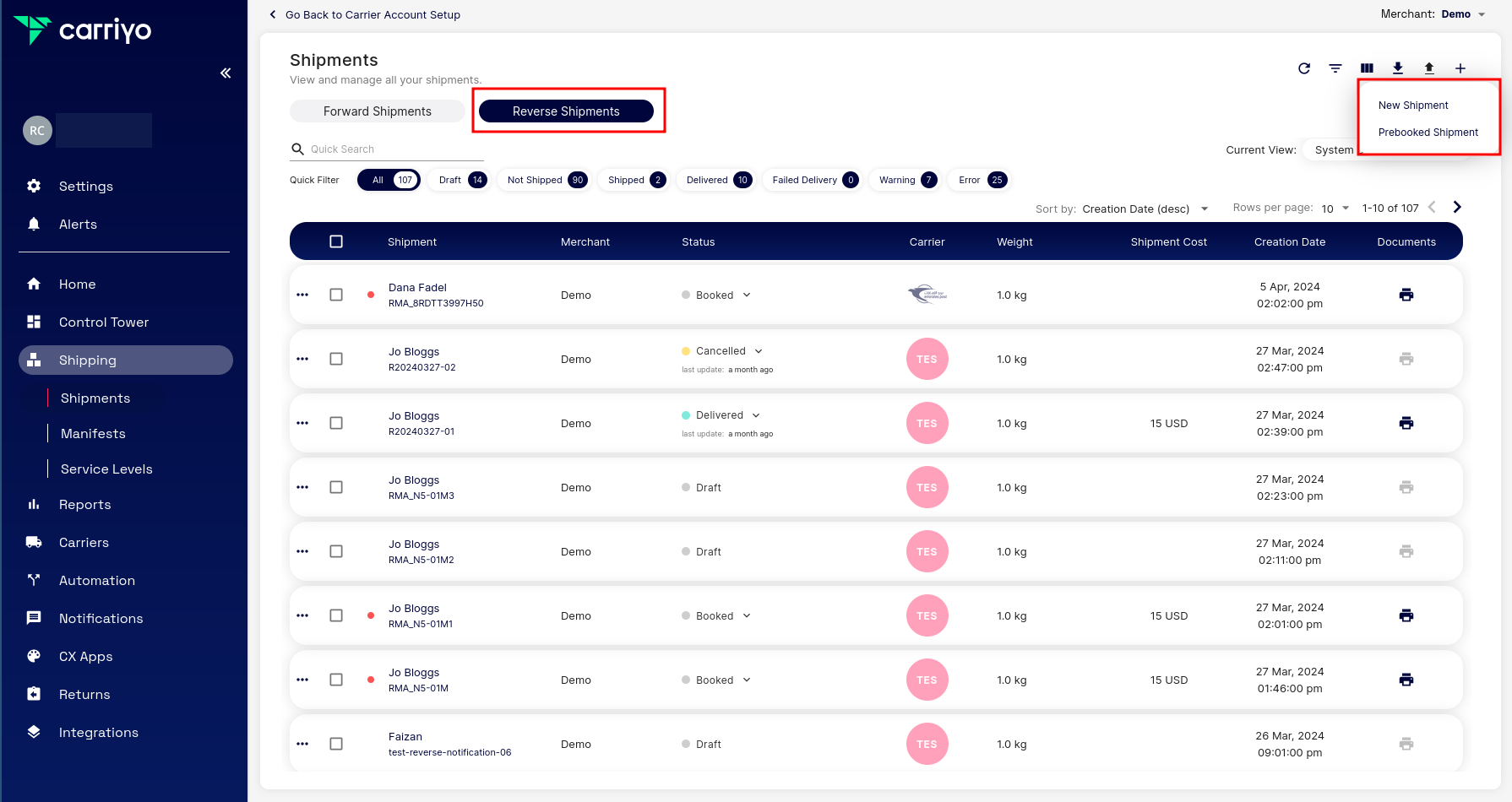 How to create a Reverse Shipment – CARRIYO