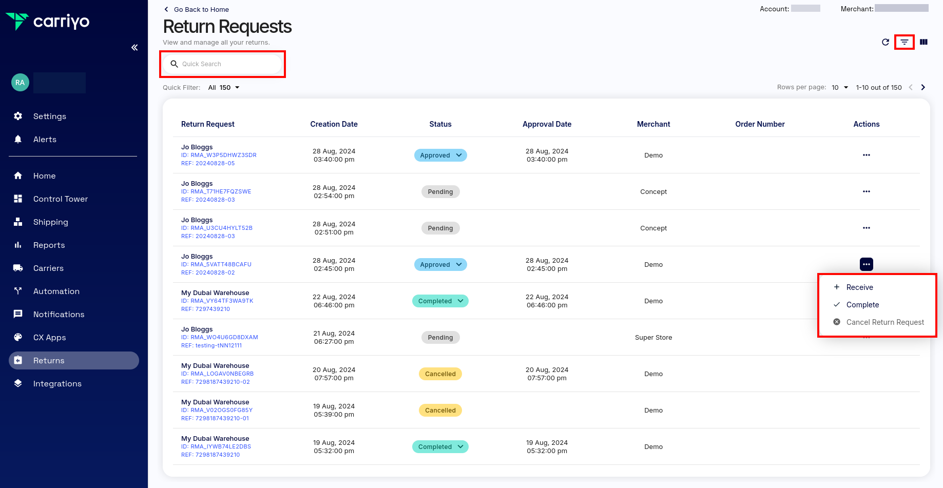 Receiving, canceling and completing returns – CARRIYO
