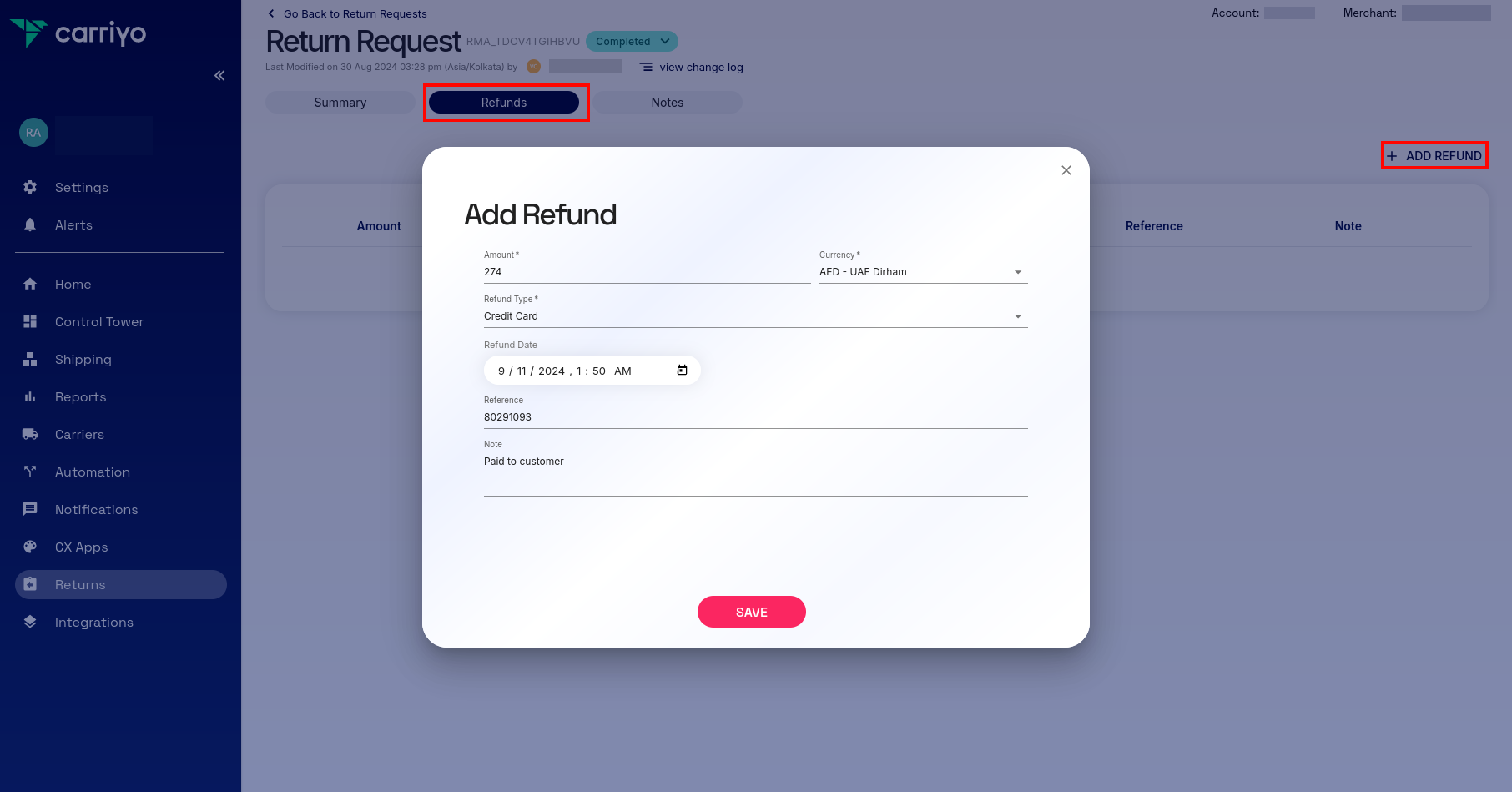 Receiving, canceling and completing returns – CARRIYO